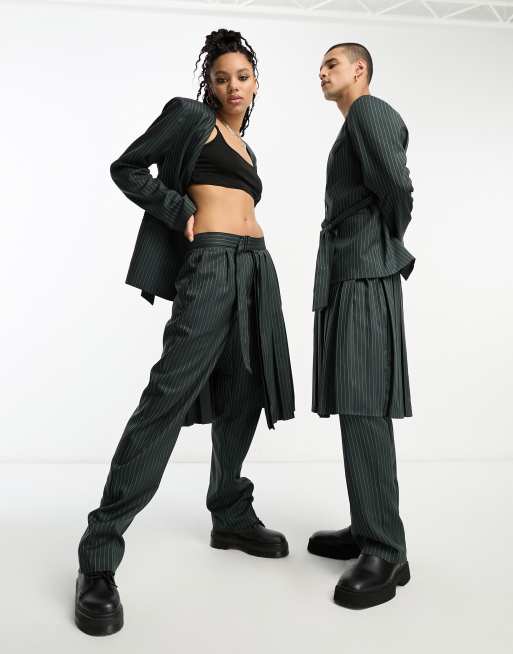 IIQUAL - Pantalon unisexe d'ensemble à fines rayures avec jupe superposée - Bleu marine et vert ...