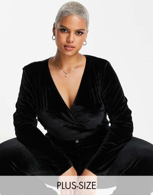 In The Style Plus exclusive velvet wrap detail body in black (part of a ...