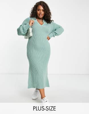 In The Style Plus - Exclusivité - Robe mi-longue en maille avec col - Sauge | ASOS