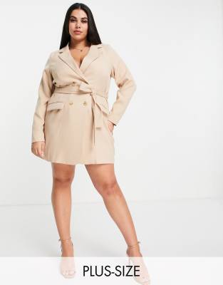 In The Style Plus x Perrie Sian blazer dress with belt detail in cream | ASOS