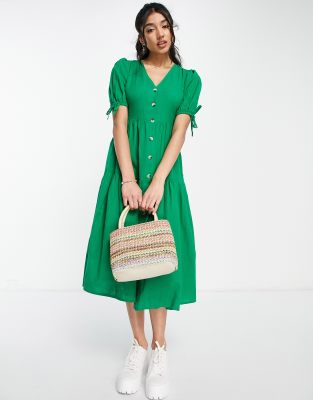 Influence button through midi dress in green | ASOS