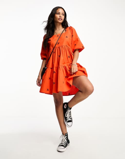Influence cotton mini dress in red with embroidered floral | ASOS