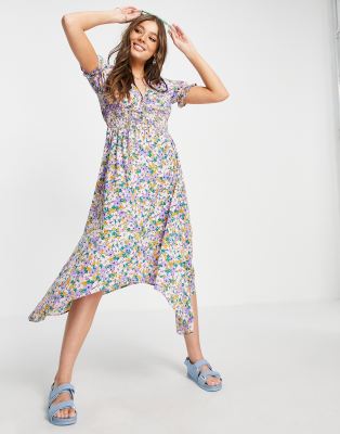 Influence Floral Midi Tea Dress With Shirred Sleeves-multi | ModeSens