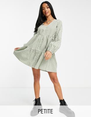 Influence Petite Long Sleeve Mini Gingham Button Dress In Green | ModeSens