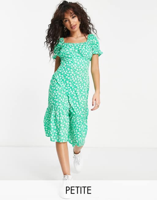 Influence Petite tiered midi smock dress in green floral | ASOS