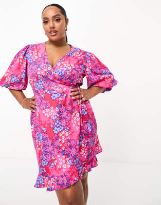 Influence Plus wrap front mini dress in pink and blue floral print | ASOS