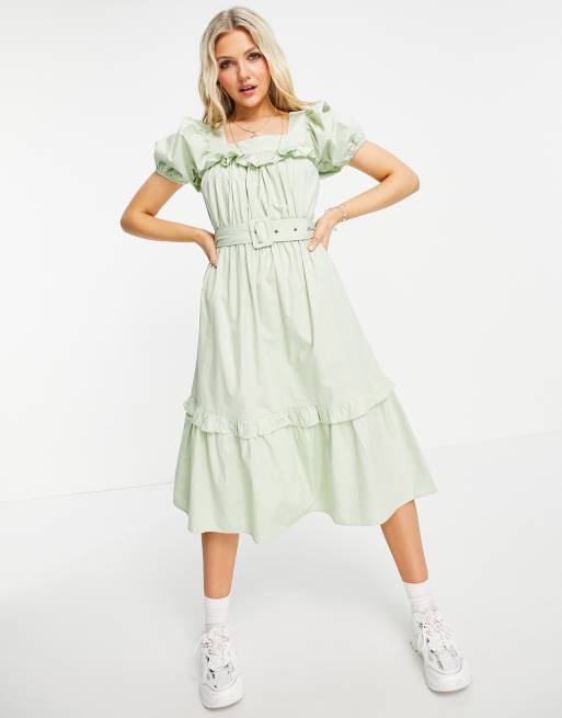 Influence puff sleeve belted midi dress in sage green | ASOS