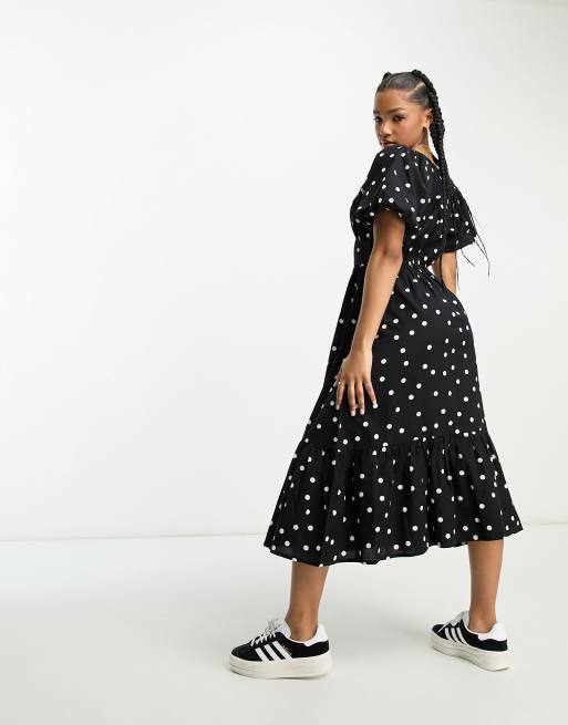 Influence puff sleeve midi dress in monochrome polka dot | ASOS