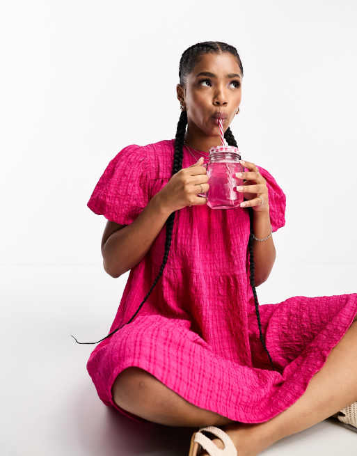 Influence puff sleeve tiered mini smock dress in pink | ASOS