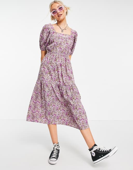 Influence Puff Sleeved Midi Dress In Lilac Floral Asos