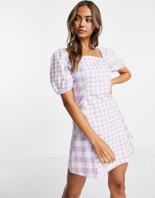 Influence square neck puff sleeve mini dress in lilac gingham check | ASOS