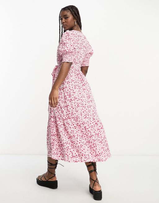 Influence wrap front midi dress in pink floral print | ASOS