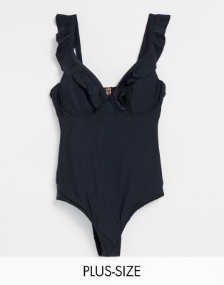 Ivory Rose Curve Exclusive frill swimsuit in black | ASOS