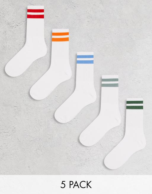 Jack & Jones 5 pack tennis socks in white with multi stripe | ASOS