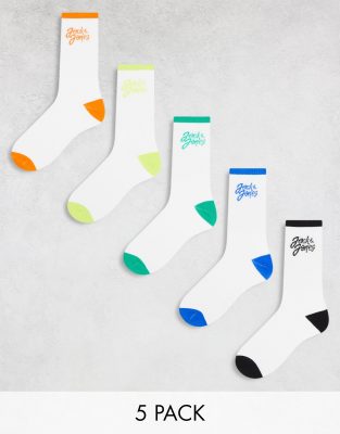 Jack & Jones 5 pack tennis socks with contrast logo in multi | ASOS