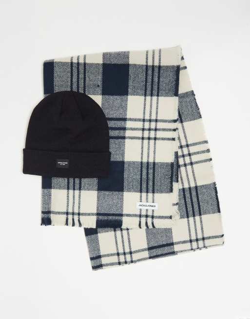 Jack & Jones check scarf & beanie gift box set in cream & blue | ASOS