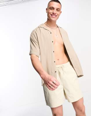 Jack & Jones Essentials short sleeve revere collar viscose shirt in beige | ASOS