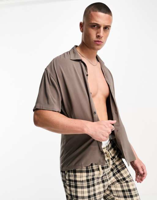 Jack & Jones Essentials short sleeve revere collar viscose shirt in brown | ASOS