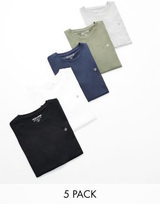 Jack & Jones – Flerfärgad, smal t-shirt i 5-pack | ASOS