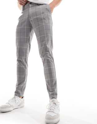 Jack & Jones Intelligence slim fit jersey smart pants in grey windowpane check | ASOS