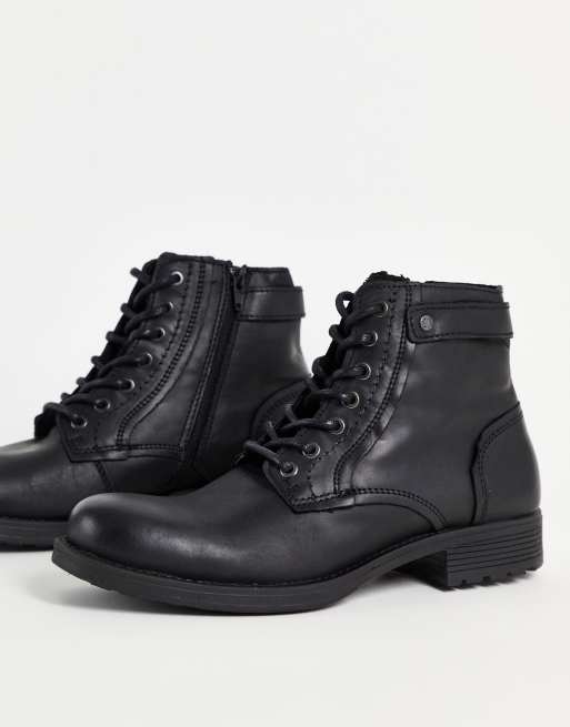 Jack And Jones Lace Up Tall Boots With Strap Detail In Black Leather Asos