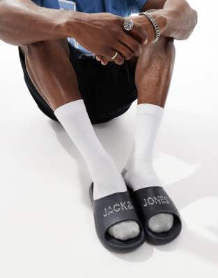 Jack & Jones molded logo slides in black | ASOS