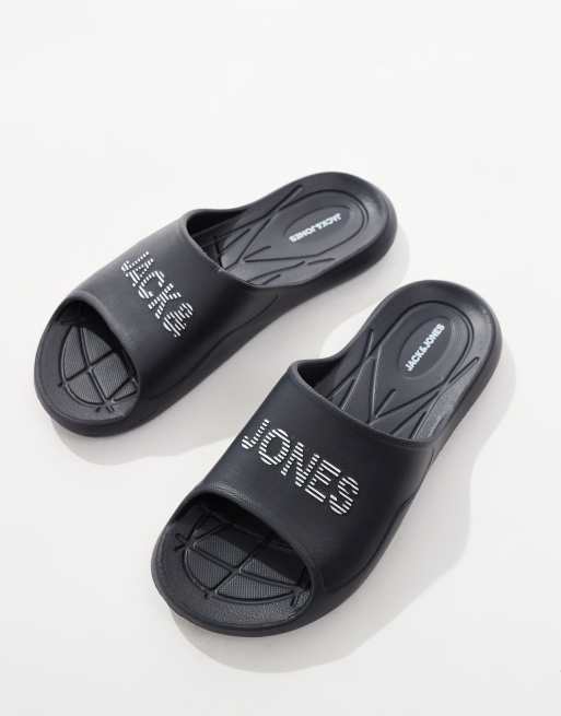 Jack & Jones molded logo slides in black | ASOS