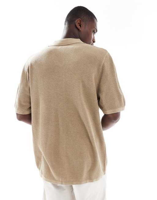 Jack & Jones oversized button through knitted polo in beige | ASOS
