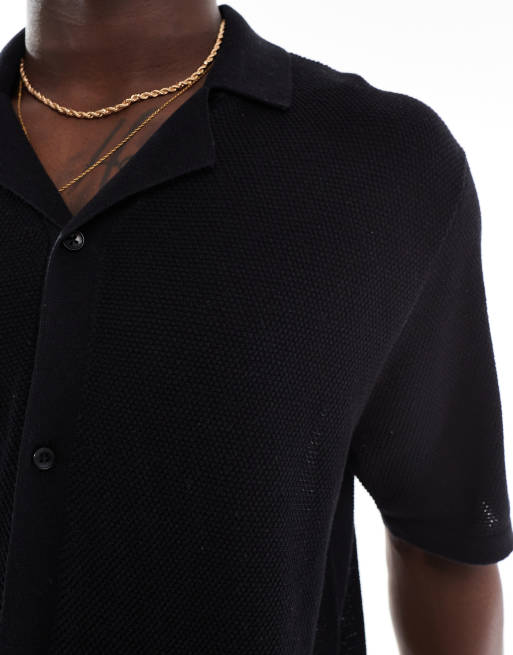 Jack & Jones oversized button through knitted polo in black | ASOS
