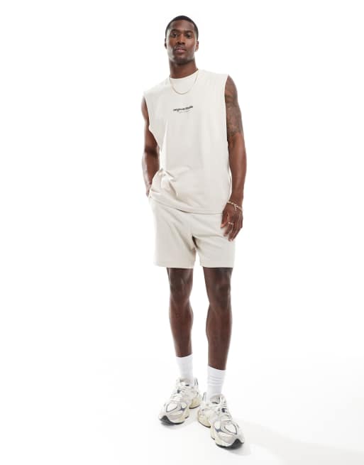 Jack & Jones oversized singlet with chest logo in beige | ASOS