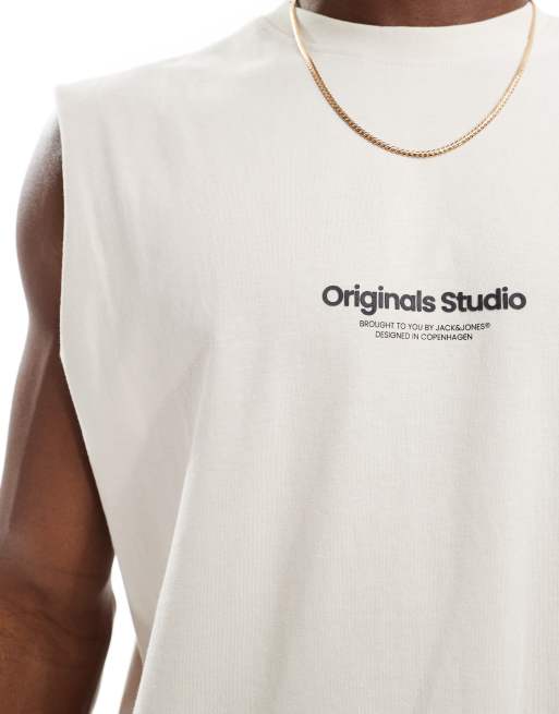 Jack & Jones oversized singlet with chest logo in beige | ASOS