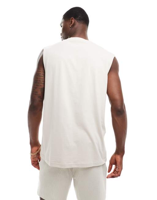 Jack & Jones oversized singlet with chest logo in beige | ASOS