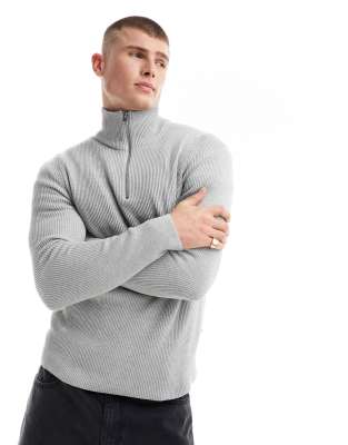 Jack & Jones Premium half zip ribbed knit jumper in grey melange | ASOS