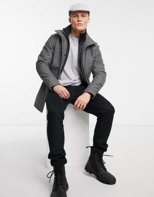 Jack & Jones Premium Wool Coat With Funnel Neck In Herringbone-grey ...