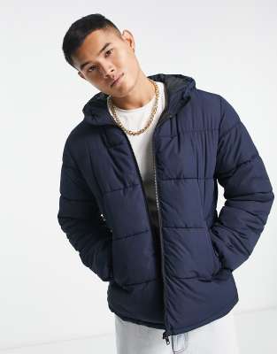 Jack & Jones puffer jacket with hood in navy | ASOS