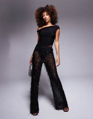 Jaded Rose sheer sequin fringe pants in black | ASOS