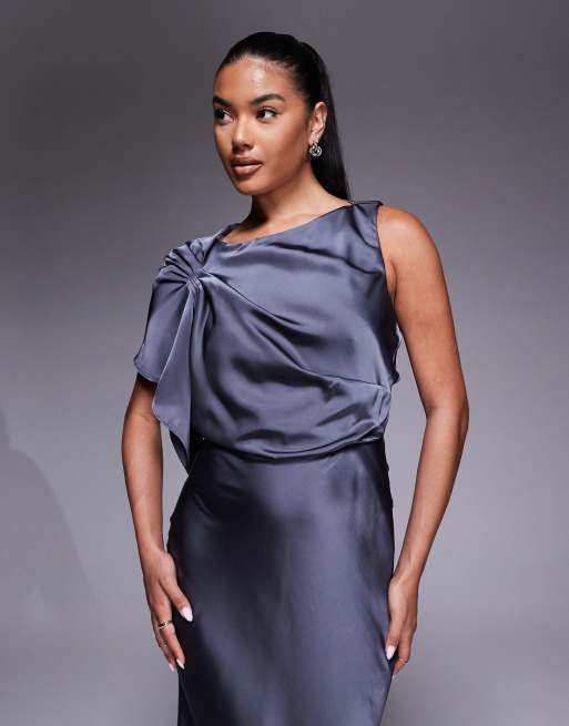 Jarlo drape shoulder detail satin maxi dress in grey | ASOS