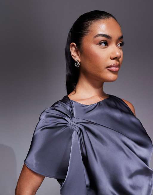 Jarlo drape shoulder detail satin maxi dress in grey | ASOS