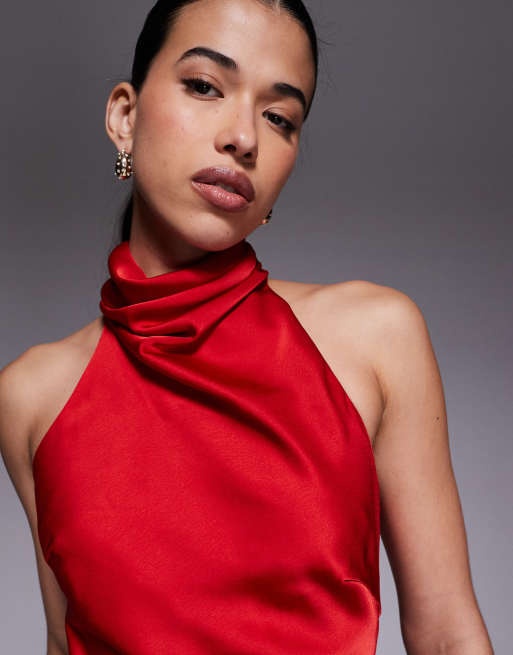 Jarlo halter neck satin midi dress in red | ASOS