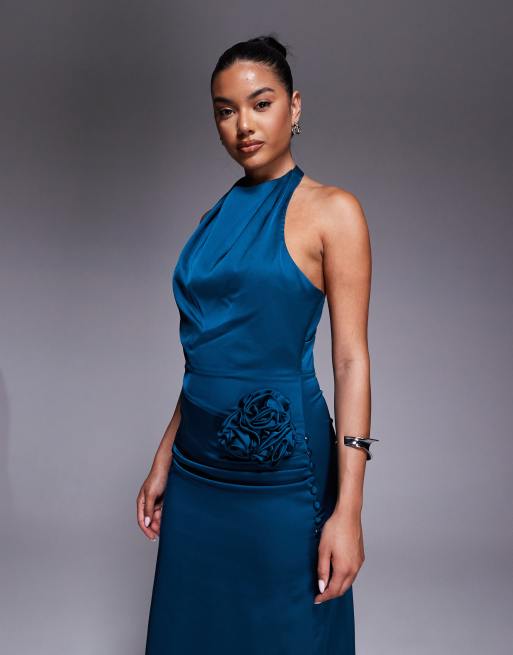 Jarlo high neck satin maxi dress with corsage detail in teal | ASOS