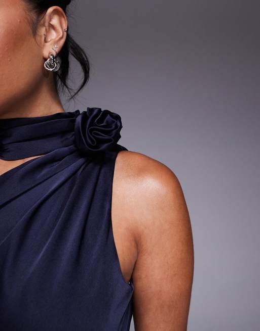 Jarlo one shoulder satin maxi dress with corsage neck detail in navy | ASOS