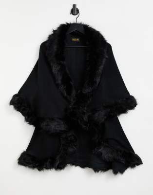 Jayley double layer faux fur trim cape in black | ASOS
