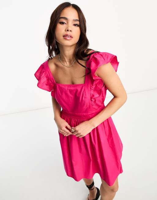 JDY exclusive frill detail mini dress in bright pink | ASOS