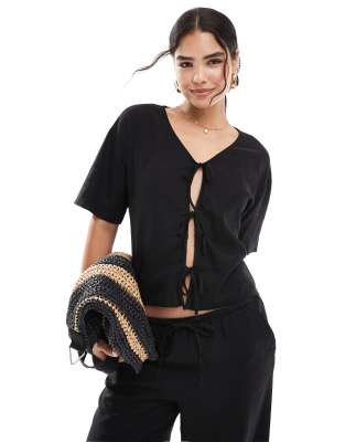 JDY - Top d'ensemble en lin mélangé avec liens devant - Noir | ASOS