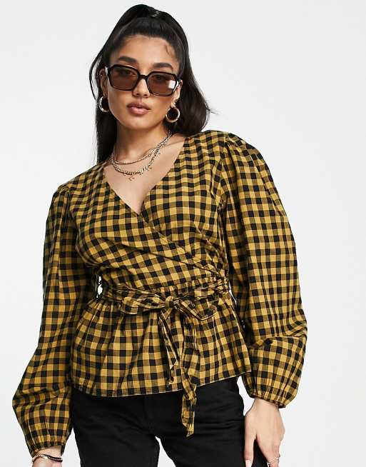 JDY wrap detail blouse in yellow and black check | ASOS