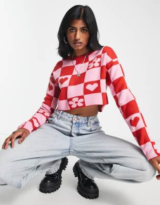 Jersey corto a cuadros rojos y rosas con corazones de Only | ASOS