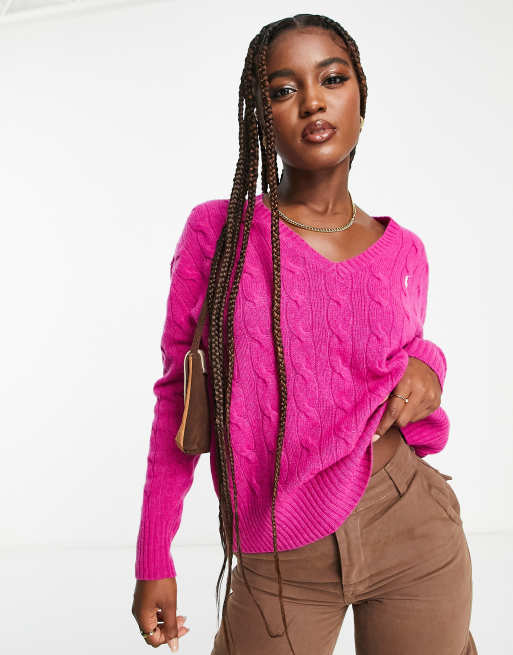 Jersey Rosa Con Cuello De Pico De Punto De Ochos De Lana De La