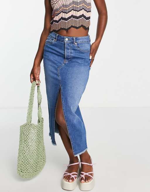 Jjxx Jupe Mi Longue Fendue Devant En Jean Bleu Moyen Asos