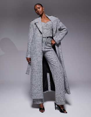 JLUXLABEL tweed corset top, pants and maxi formal coat set in gray | ASOS