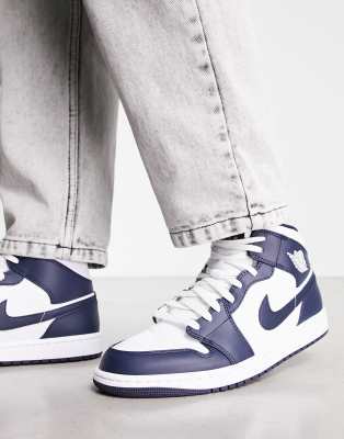 Jordan AJ 1 Mid trainers in navy and white | ASOS